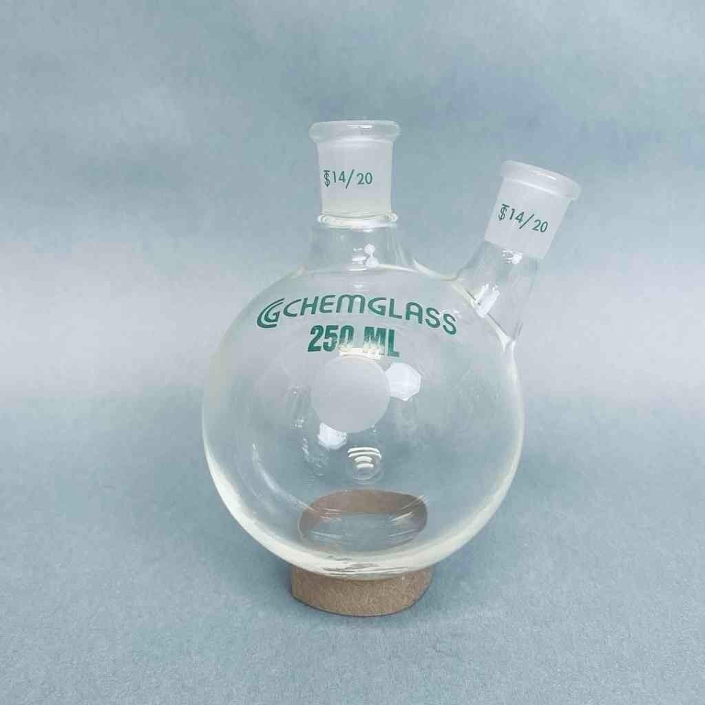 Chemglass Round Bottom Flask 2 Neck 250 ml 14/20 Joints Angled Neck ...